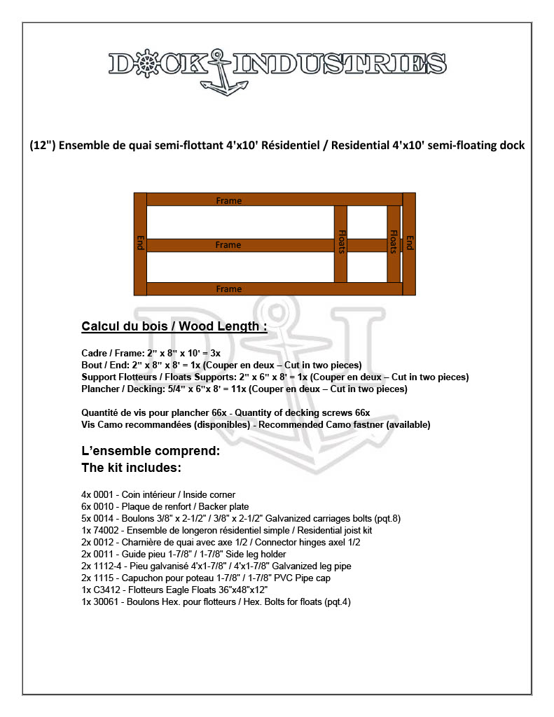 Residential dock kit 4'x10' Semi-Floating - Dock Industries